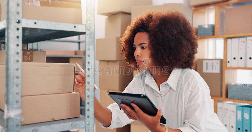 Tablet, Inventory and Box with Woman in Warehouse for Logistics Route ...