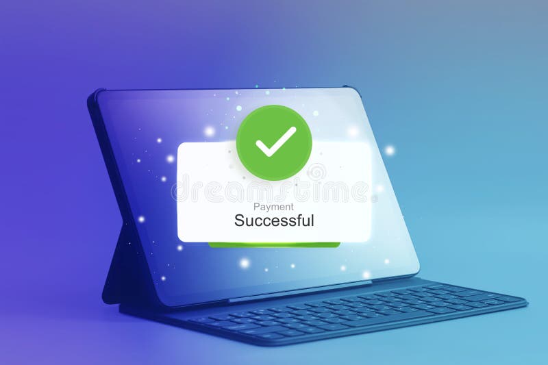 Tablet with a Keyboard in the Foreground Displays a Payment Successful ...