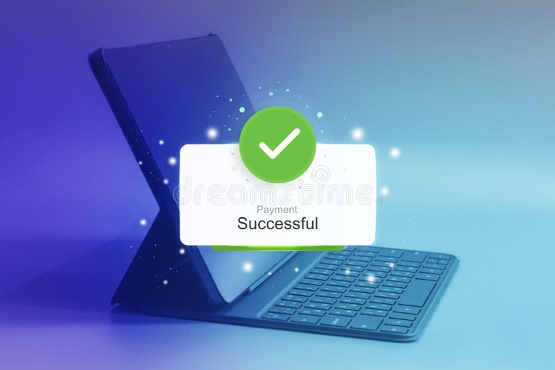 Tablet with a Keyboard in the Foreground Displays a Payment Successful ...
