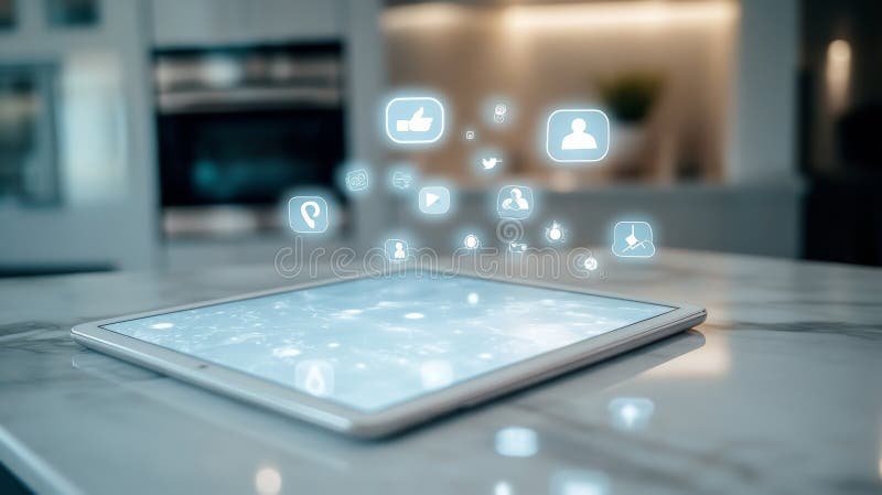 Tablet in a Kitchen Displaying Social Media Notifications. Focuses on ...