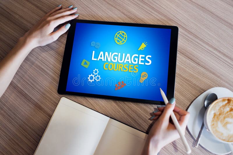 Tablet with Languages Courses Text and Icons on Screen. English ...