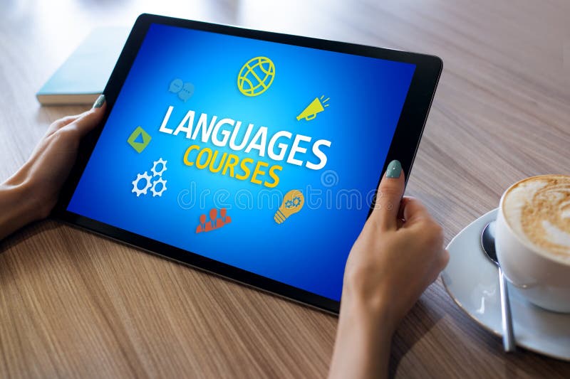 Tablet with Languages Courses Text and Icons on Screen. English ...