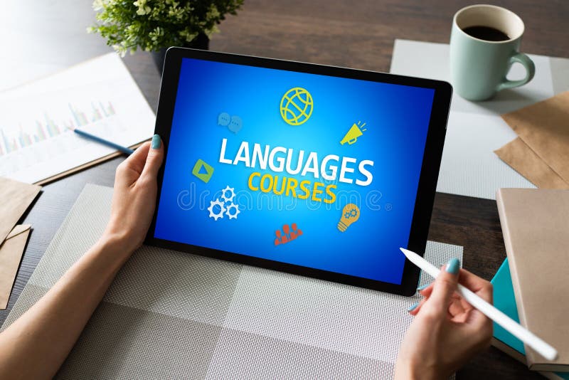 Tablet with Languages Courses Text and Icons on Screen. English ...