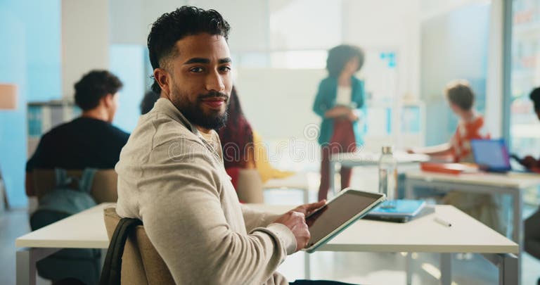 Tablet, Learning and Portrait of Man in Classroom for Study or ...