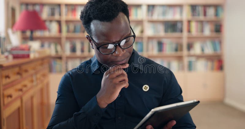 Tablet, Library and Black Man with Thinking and Researcher and Study at ...