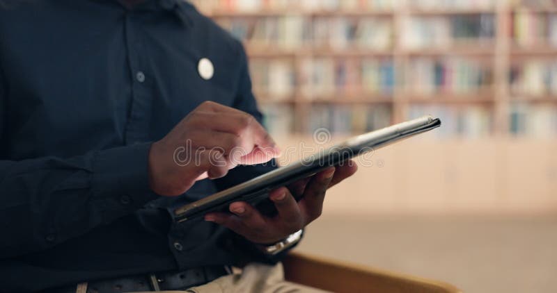 Tablet, Library and Man Hands with Researcher and Study at University ...