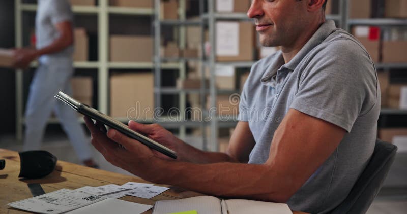 Tablet, Logistics and Man in Warehouse for Distribution Stock with ...