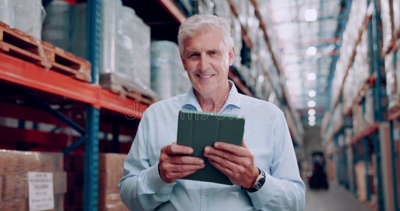 Tablet, Logistics and Senior Man in Warehouse Checking Information for ...