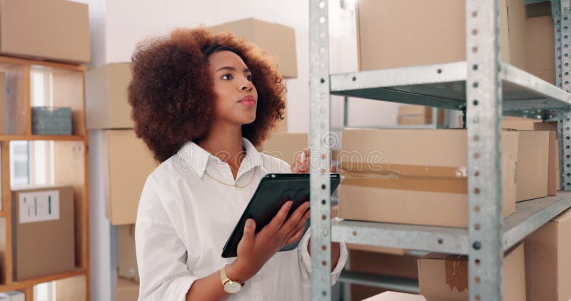 Tablet, Logistics and Woman in Warehouse by Boxes with Online Inventory ...