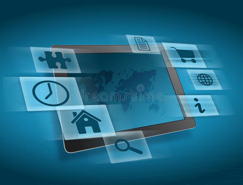Tablet with a Map and Variety of Icons Around it Stock Illustration ...