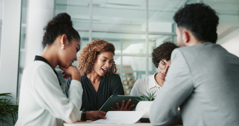 Tablet, Meeting and Business People in Office for Collaboration on Creative Project in ...