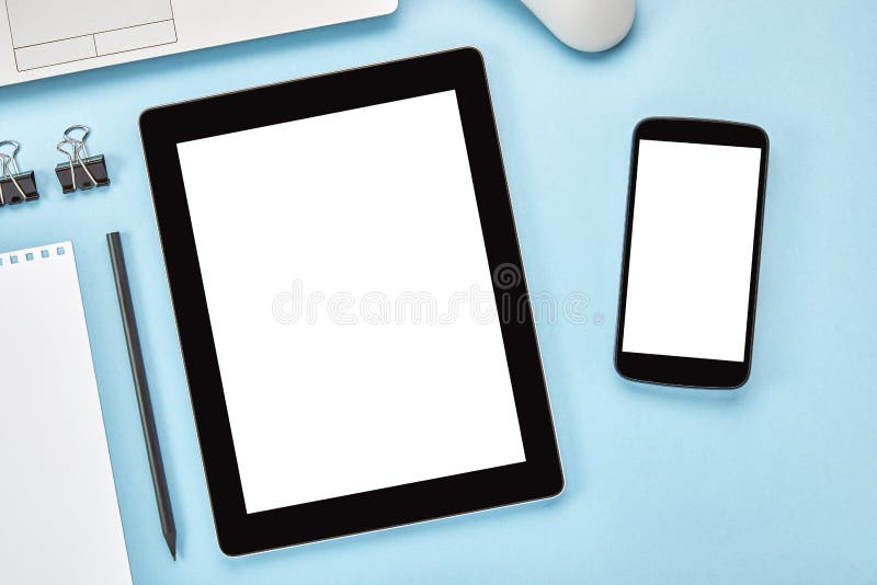 Tablet and Mobile Vertical Screen Mockup on Blue Background Stock Photo ...