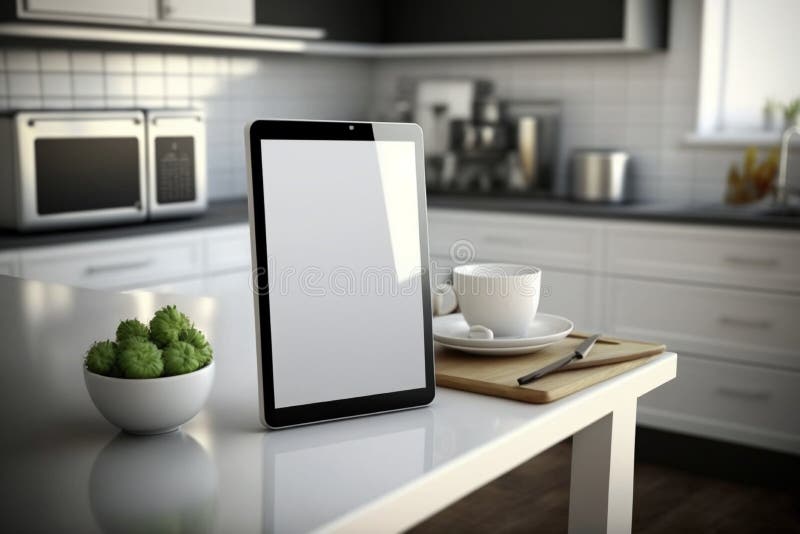 Tablet with Mock Up Blank Screen in Kitchen. Mobile App, Shopping on ...