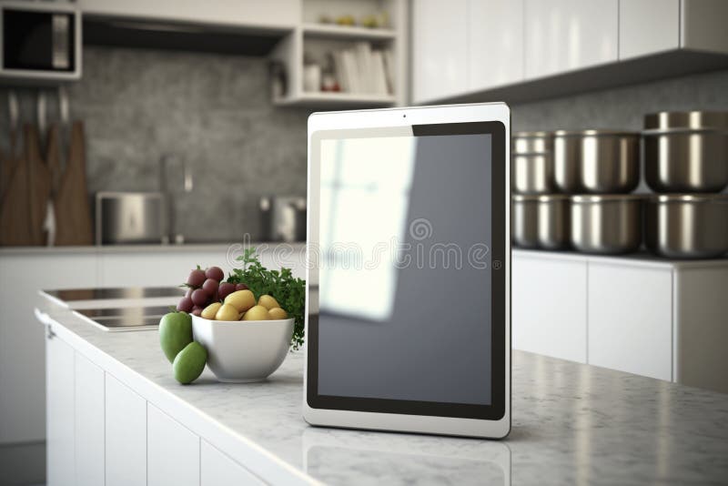 Tablet with Mock Up Blank Screen in Kitchen. Mobile App, Shopping on ...