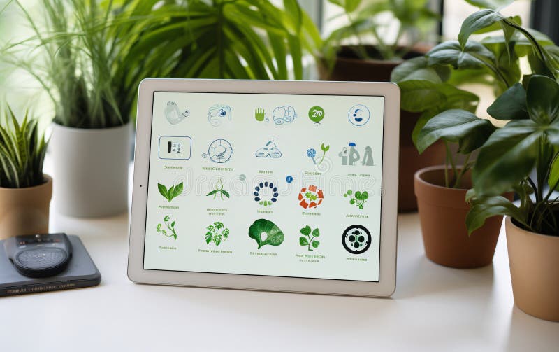 Tablet Mockup Screen with Charts and Graphs on Table with House Plants ...