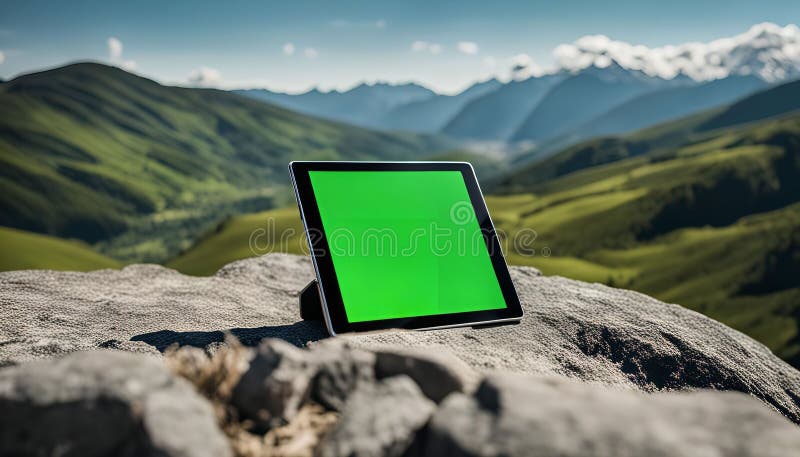 Tablet on Mountain Peak with Green Screen Stock Illustration ...