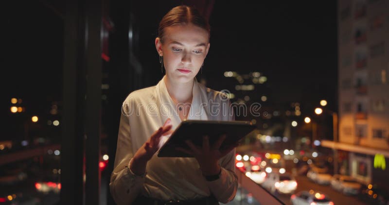 Tablet, Night and Business Woman Research for Project, Information and ...