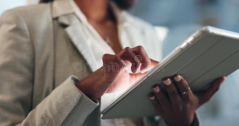 Tablet, Night and Hands of Business Person Typing, Scroll or Check ...