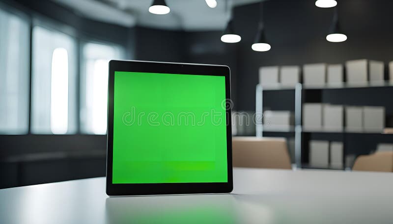 Tablet on Office Table with Green Screen Stock Photo - Image of office ...