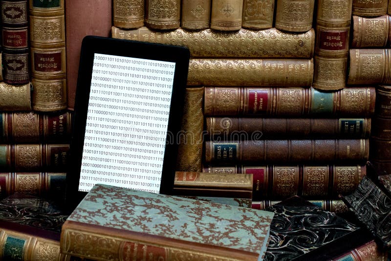 Tablet with Old Books in the Background Stock Photo - Image of learning ...