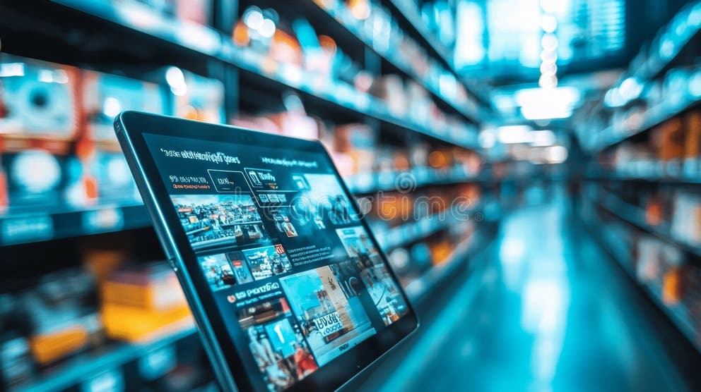 Tablet with Online Shopping Screen in Electronics Aisle Stock Image ...