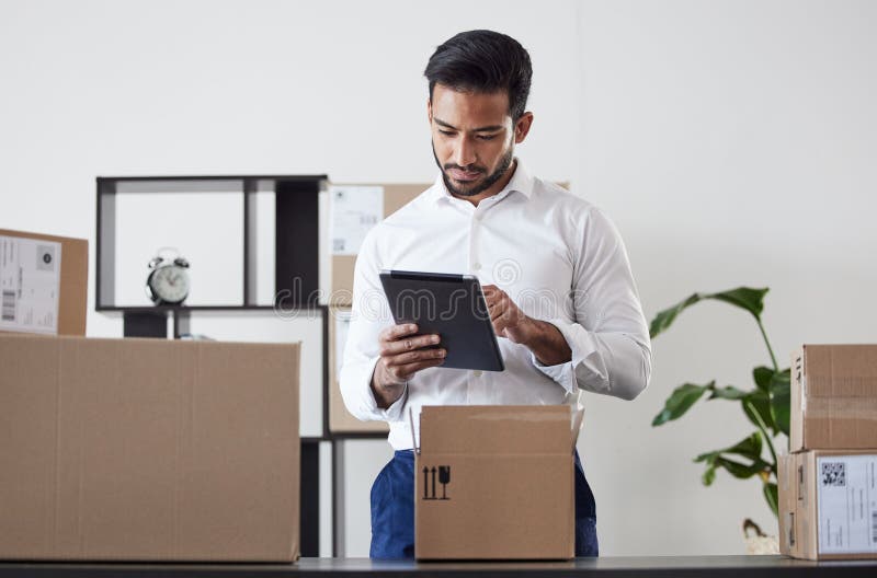 Tablet, Package and Business Man for Shipping for Logistics, Delivery ...