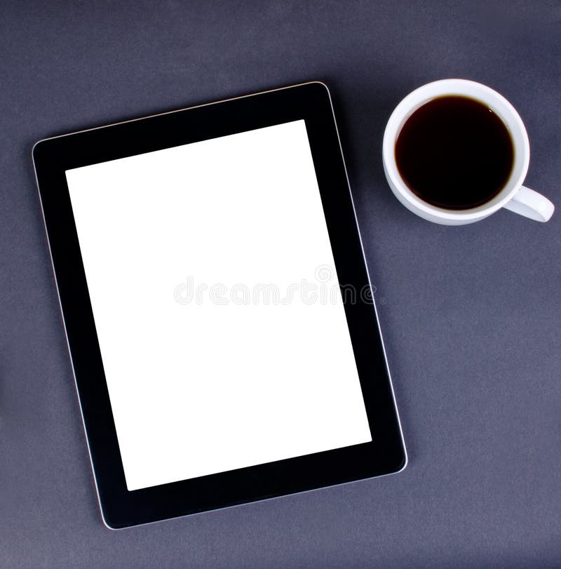 Coffee Cup and Tablet Pc Similar To Ipad on Dark Wooden Table Top View ...