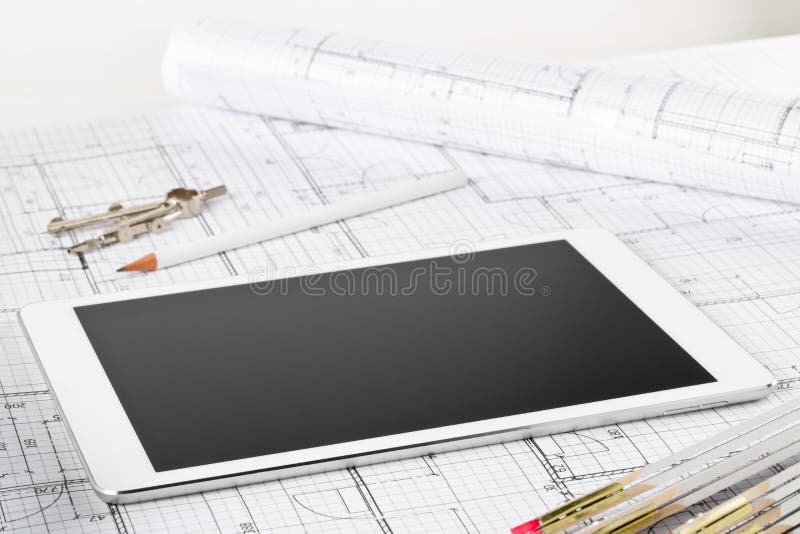 Tablet Pc Architectural Blueprint House Building Plan Stock Image ...