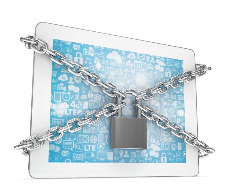 Tablet PC with Chains and Lock Isolated on White Stock Photo - Image of ...