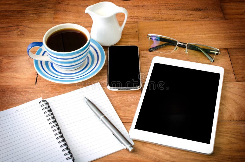 Mobile Workplace with Tablet PC, Phone and Cup of Coffee Stock Photo ...