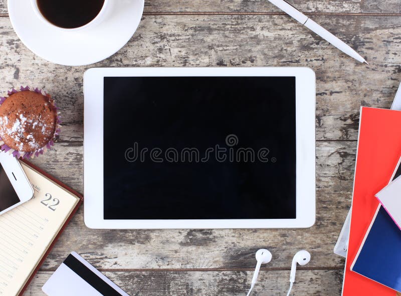 Empty Tablet and a Coffee on the Desk Stock Photo - Image of black ...