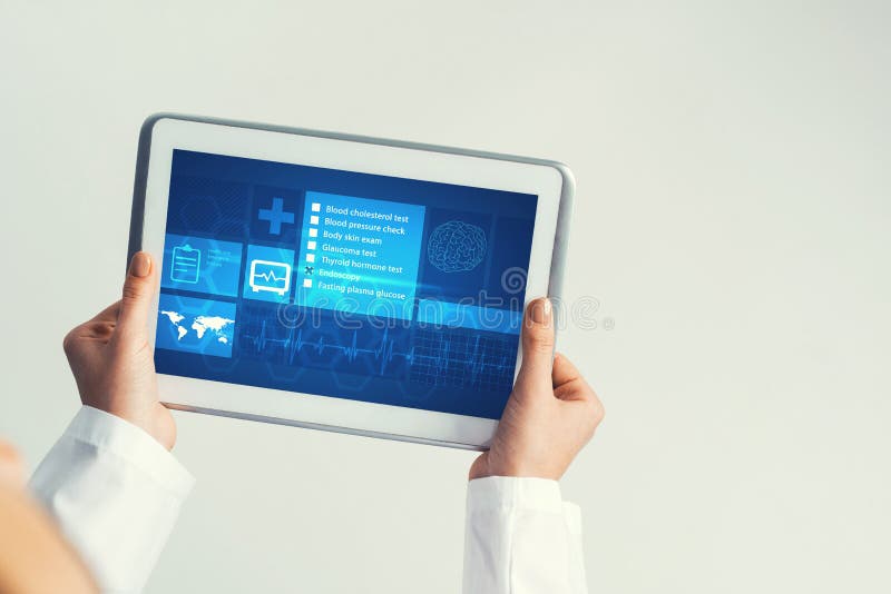 Close of Female Doctor Hands Working with Tablet Pc Computer Stock ...