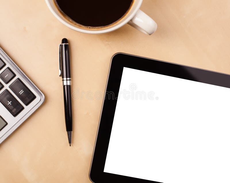 Tablet Pc and a Coffee and Notebook with Pen on the Office Desk Stock ...