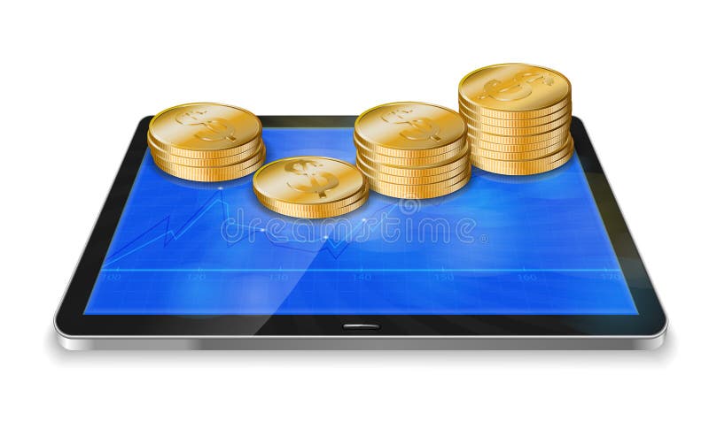 Tablet pc with golden coin stock illustration. Illustration of money ...