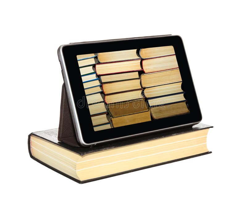 The Tablet-PC is in Hard Cover Book Featuring the Stack of Books on the ...