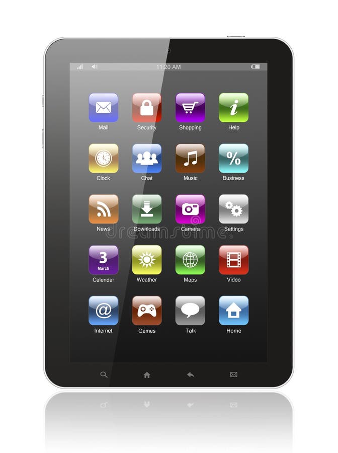Tablet pc with icons set stock illustration. Illustration of ...