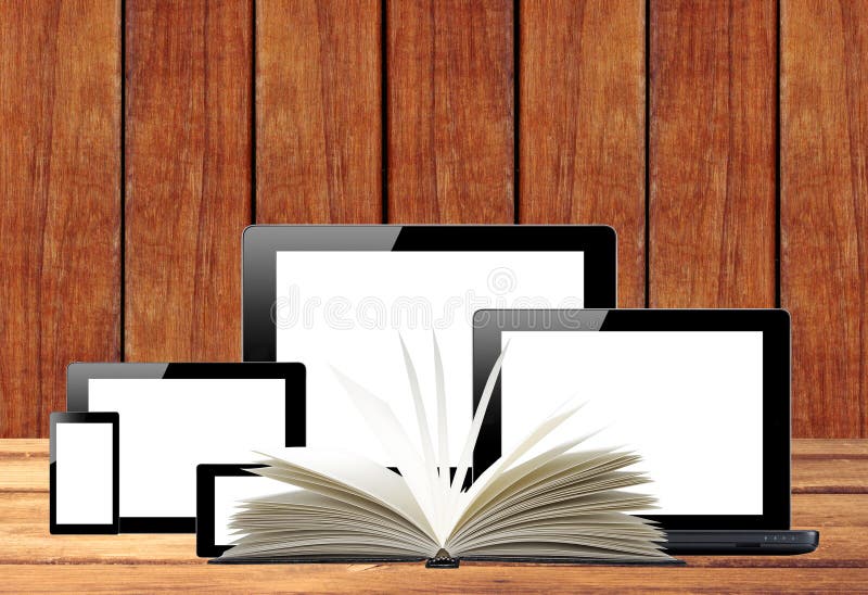 Tablet Pc, Mobile Phone, Computer and Openned Book on Wooden Tab Stock ...