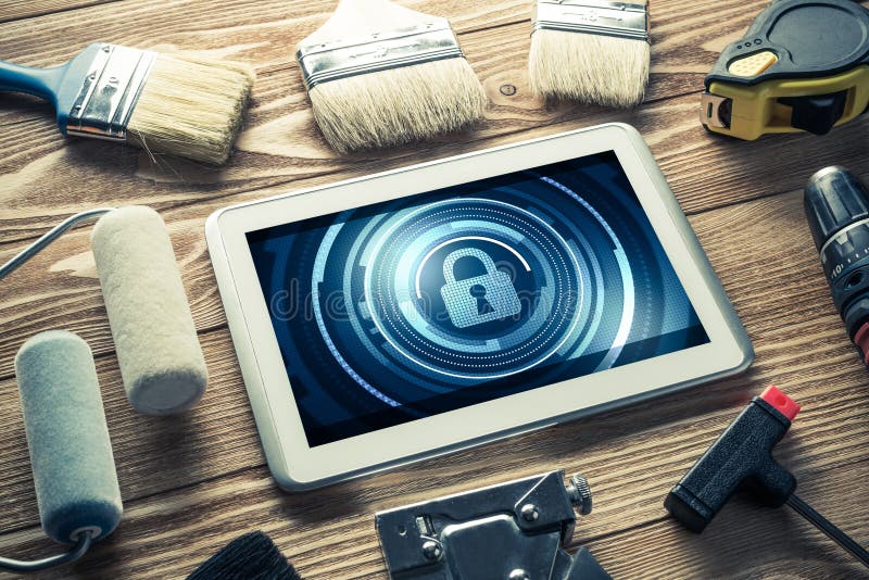 Web Security and Technology Concept with Tablet Pc on Wooden Tab Stock ...