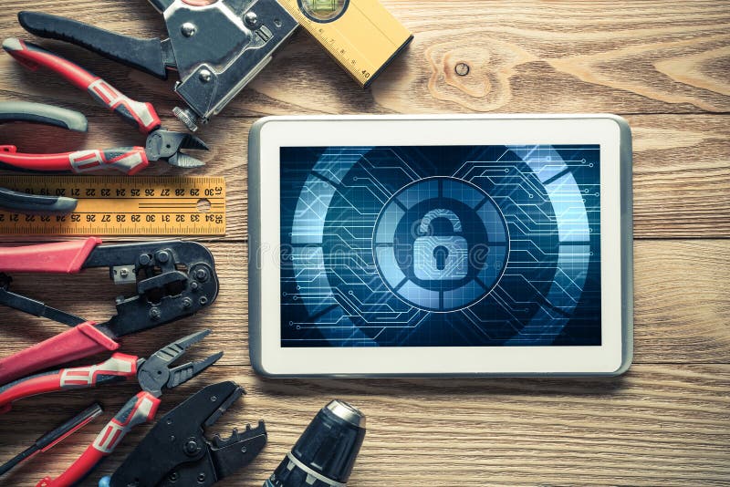 Web Security and Technology Concept with Tablet Pc on Wooden Tab Stock ...