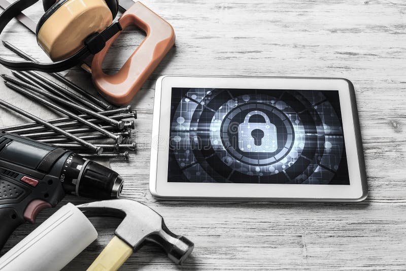 Web Security and Technology Concept with Tablet Pc on Wooden Tab Stock ...