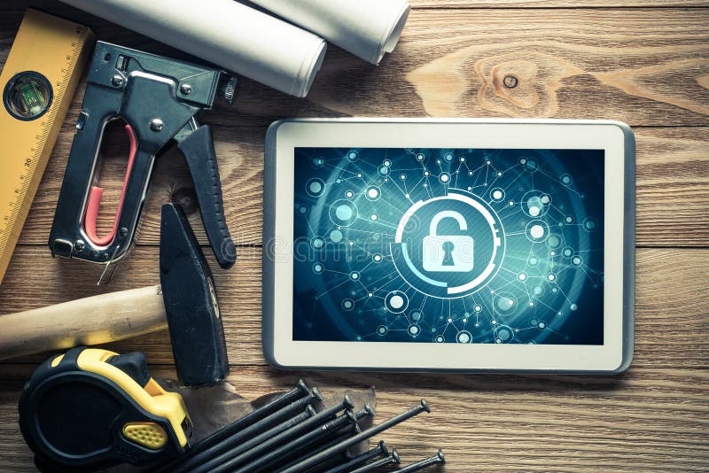 Web Security and Technology Concept with Tablet Pc on Wooden Tab Stock ...