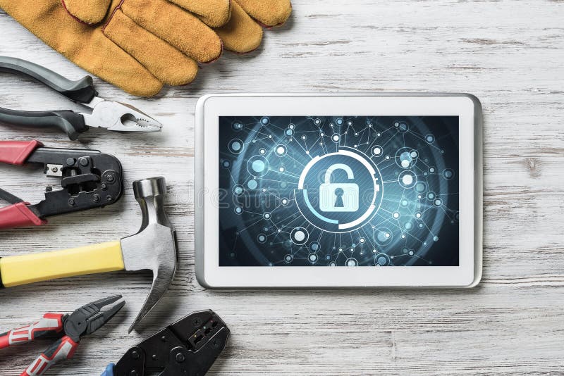 Web Security and Technology Concept with Tablet Pc on Wooden Tab Stock ...