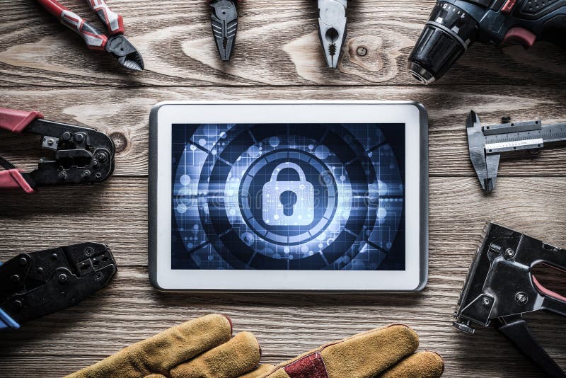 Web Security and Technology Concept with Tablet Pc on Wooden Tab Stock ...