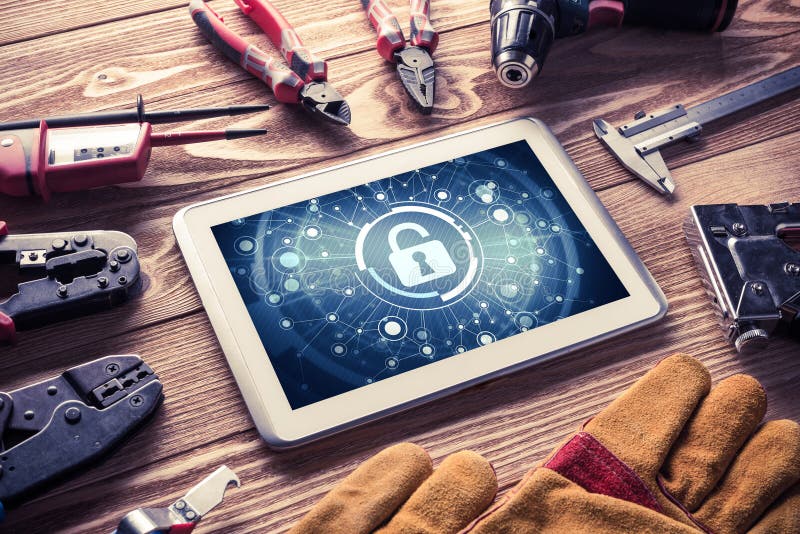 Web Security and Technology Concept with Tablet Pc on Wooden Tab Stock ...