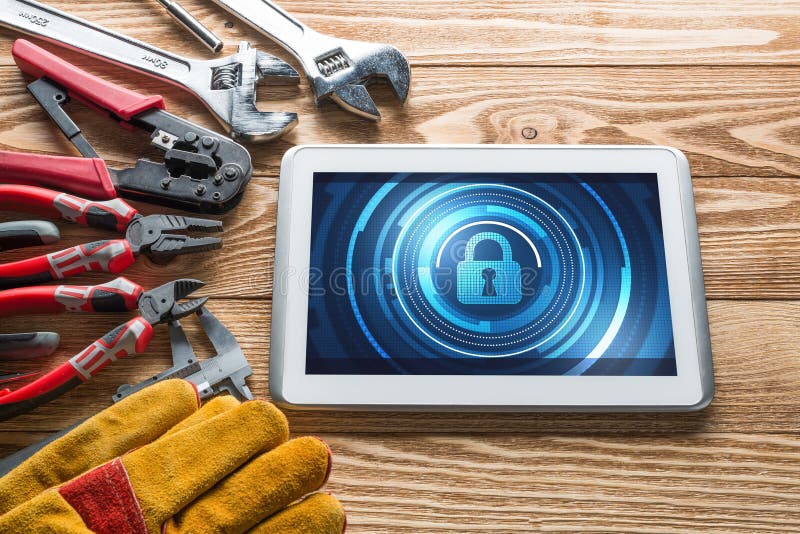 Web Security and Technology Concept with Tablet Pc on Wooden Table ...