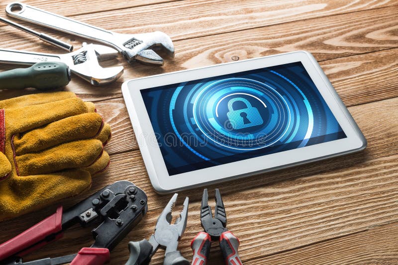 Web Security and Technology Concept with Tablet Pc on Wooden Table ...