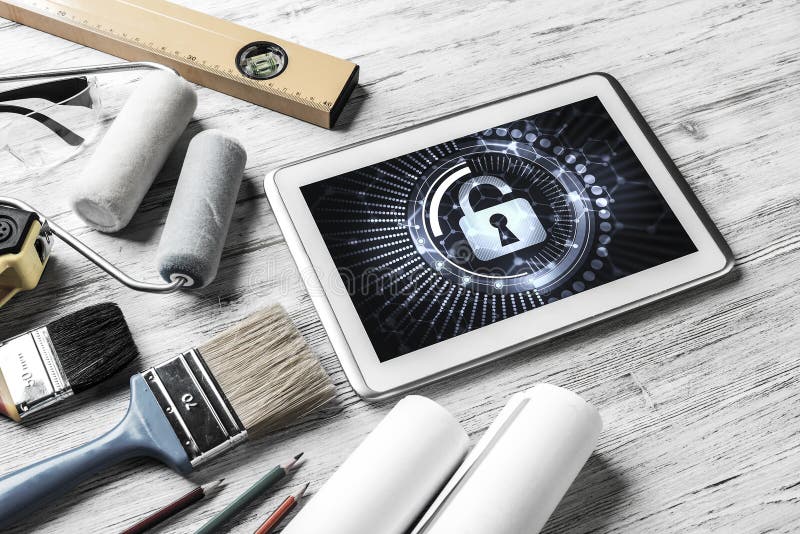 Web Security and Technology Concept with Tablet Pc on Wooden Table ...