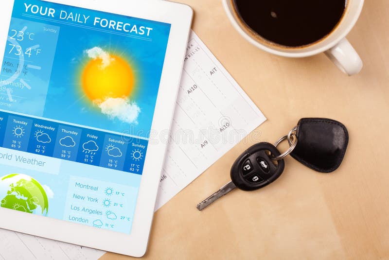 Tablet Pc Showing Weather Forecast on Screen with a Cup of Coffee on a ...