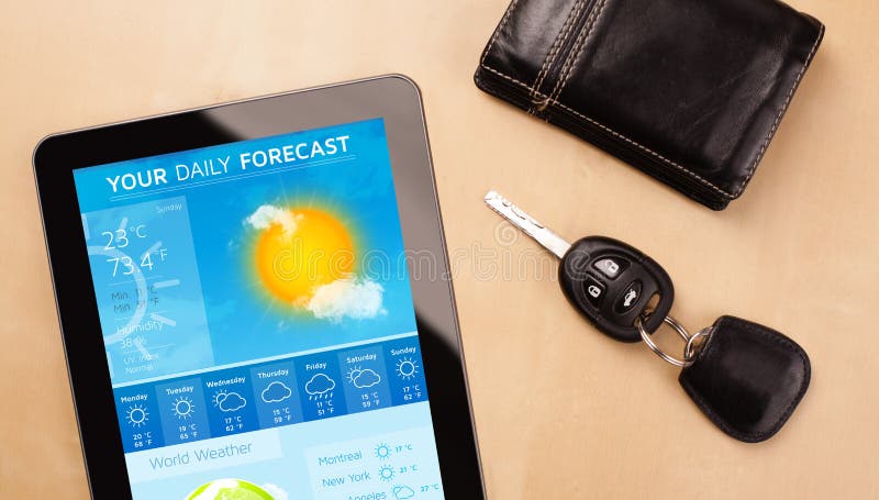 Tablet Pc Showing Weather Forecast on Screen with a Cup of Coffe Stock ... Tablet Pc Showing Weather Forecast on Screen with a Cup of Coffe Stock ...