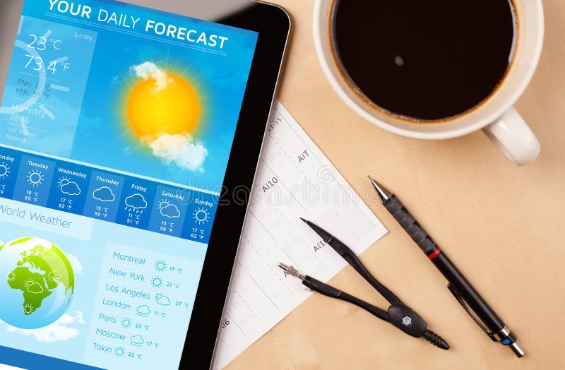 Tablet Pc Showing Weather Forecast on Screen with a Cup of Coffee on a ...